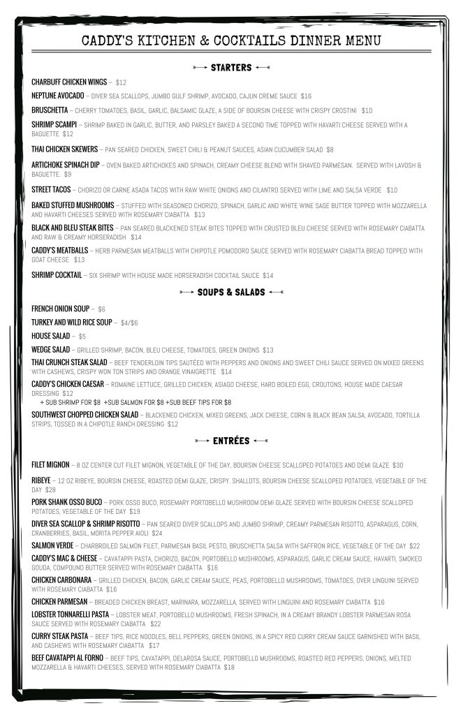 Menu – Caddy's Kitchen and Cocktails
