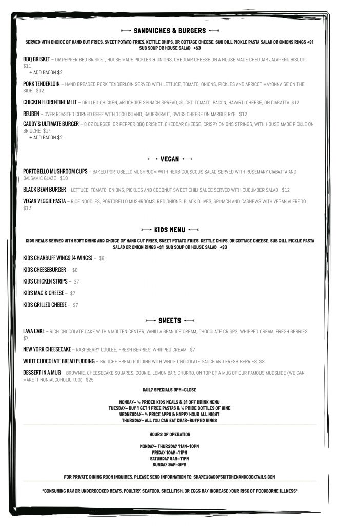 Menu – Caddy's Kitchen and Cocktails