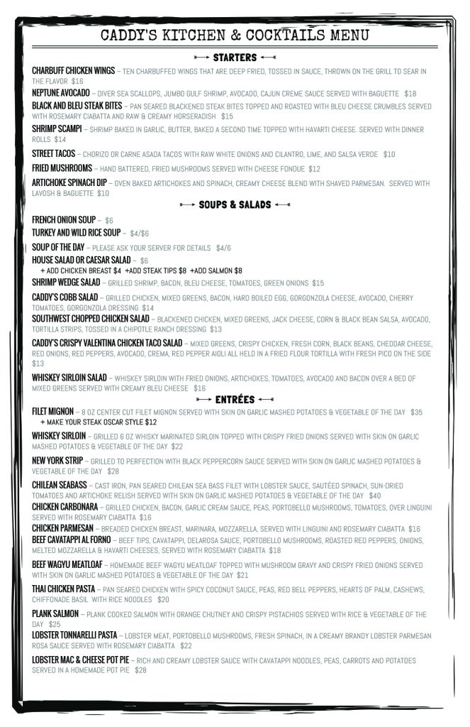 Menu – Caddy's Kitchen and Cocktails
